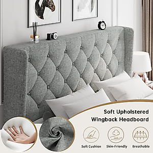 iPormis King Size Bed Frame with Upholstered Wingback, Platform Bed Frame with Diamond Button Tufted Headboard, 8" Under-Bed Space, Sturdy Wooden Slats, Noise-Free, No Box Spring Needed, Light Grey