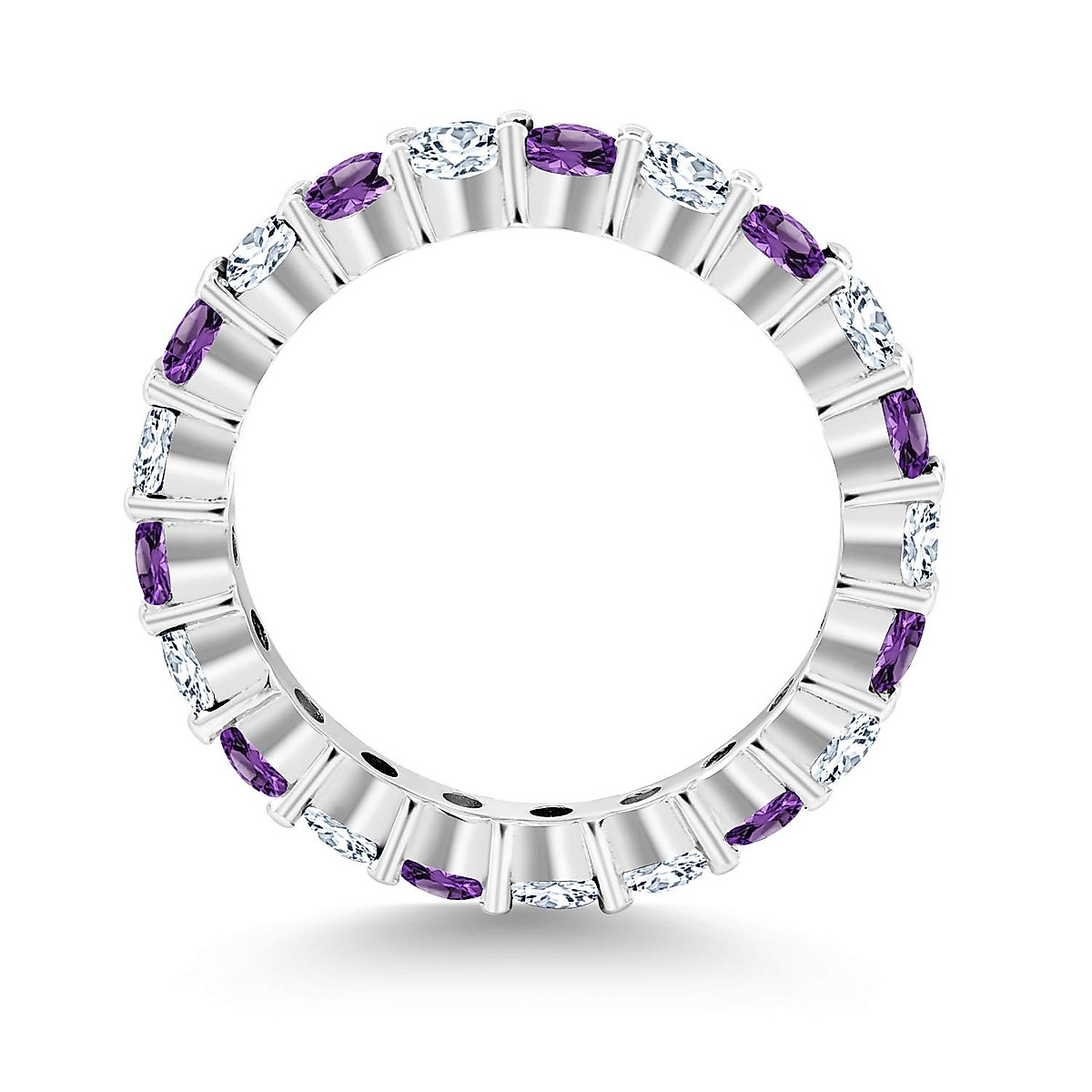 Gem Stone King 925 Sterling Silver 3MM Purple Amethyst and 3MM White Created Sapphire Eternity Band Ring For Women (1.00 Cttw, Round 3MM, Gemstone Birthstone, Available In Size 5, 6, 7, 8, 9)