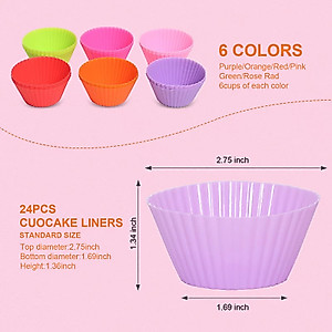 Reusable Silicone Cupcake Baking Cups 24 Pack, Non-stick Muffin Cupcake Liners 2.75 inch Silicone Muffin Cups for Party Halloween Christmas Bakery Molds Supplies (6 Rainbow Colors)