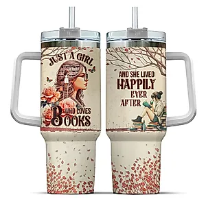 99OWL Book Gifts, Books Just A Girl Vintage Color, Floral Flower Tumblers For Lover Coffee Lovers Brown Women Handle, Tumbler 40 Oz With Handle Lid And Straw
