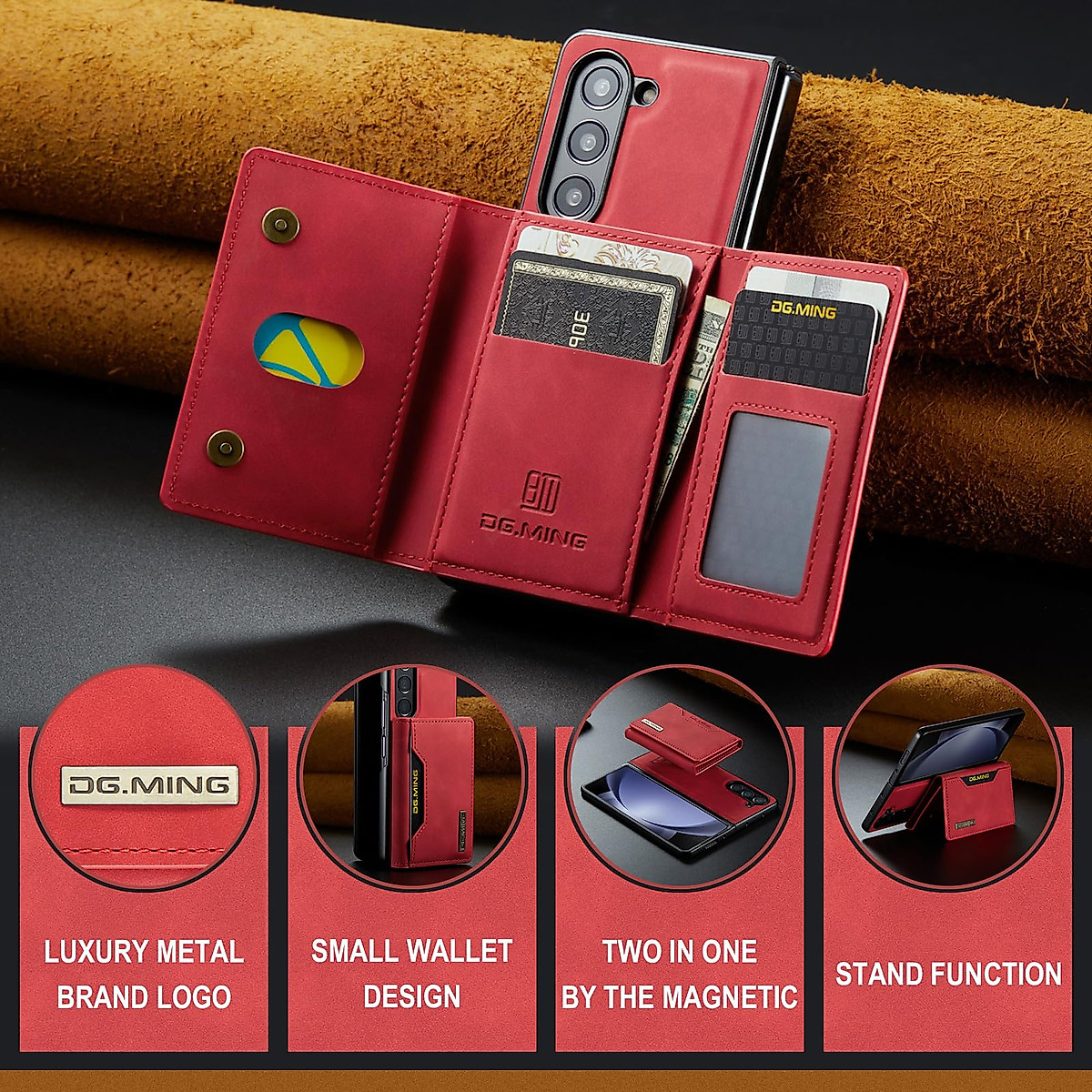 ZORSOME for Samsung Galaxy Z Fold 5 Wallet Case, 2 in 1 Detachable Leather Wallet Case for Samsung Galaxy Z Fold 5,Magnetic Wallet Protective Case with Stand + Card Holder,Red