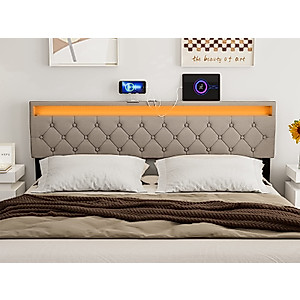 IKIFLY Upholstered King Size Headboard with LED Lights & 2 USB Ports - Adjustable Height - Button Tufted Linen Fabric Padded Headboard, Easy Assembly, King Headboard Only for Bedroom - Light Brown