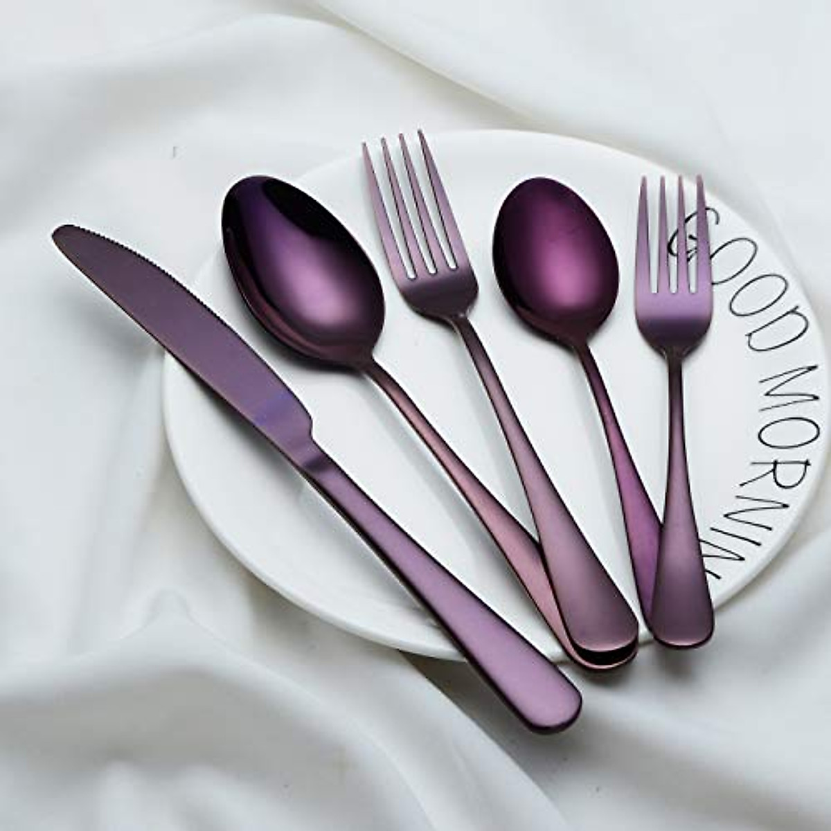 Flatware Set for 1, 5-Piece, Stainless Steel Silverware Cutlery Tableware Include Knife/Fork/Spoon by IRONX (purple-18/0-5p)