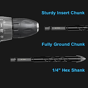 11PCS Masonry Drill Bit for Pots Bottles Ceramic Tile Glass Brick 3/16 to 1/2 inch Ceramic 1/4" Hex Shank Carbide Tips Concrete Drill Bit Set