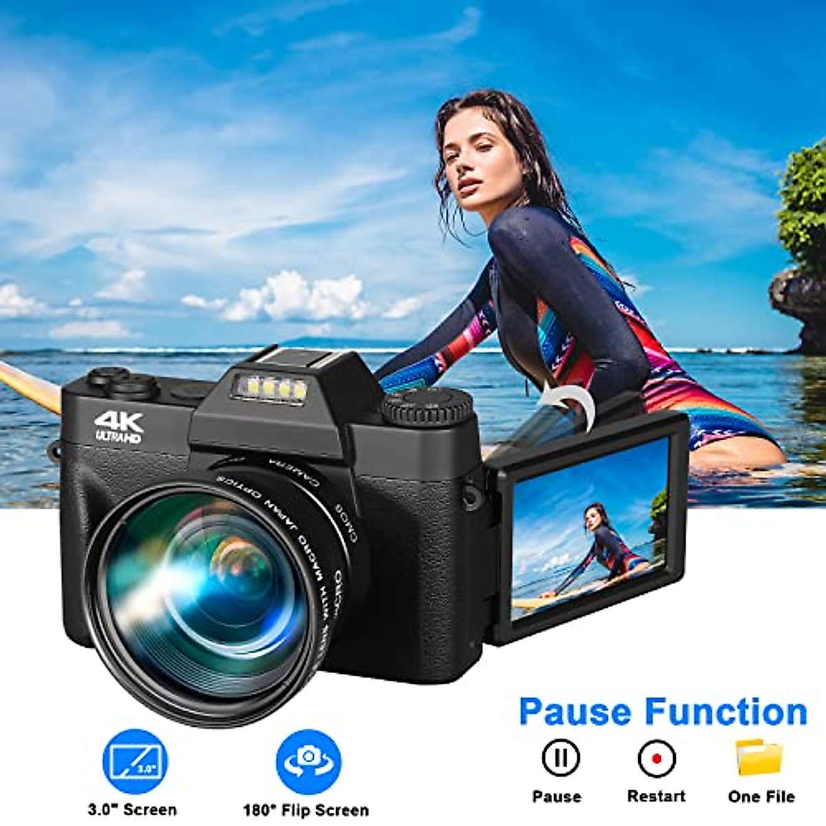 Vlogging Camera, Acoletty 4K 48MP Digital Cameras for Photography, 16X Digital Zoom, 52mm Wide Angle Lens, Macro Lens, 2 Batteries & Charging Stand, 32GB TF Card, 3.0" IPS 30FPS 180°Flip Screen Black