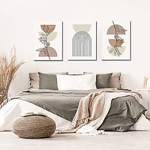 Modern Boho Wall Art Set of 3 - Abstract Geometric Line Leaf Beige Botanical Canvas Paintings Prints Wall Decor, Minimalist Wall Art for Living Room, Bedroom, Office - Framed 12x16 in