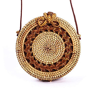 BaellerryRound Woven Ata Rattan Bag Summer Beach Shoulder Bag for Women, Beige, Medium