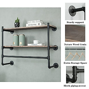 Clothes Rack with Shelf, 36in Industrial Pipe Wall Mounted Garment Rack, Space-Saving Display Hanging Pipe Clothes Rack, Heavy Duty Detachable Multi-Purpose Hanging Rod for Closet Storage (2-Layer)