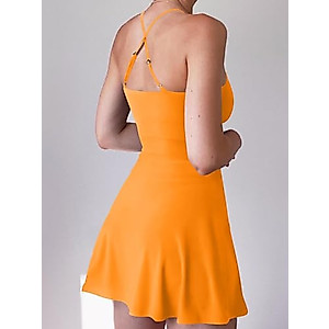 Vohawsa Women's Casual Tennis Athletic Dress Scoop Neck Spaghetti Strap Workout Open Back Golf Mini Dress with Shorts (US, Alpha, X-Large, Regular, Regular, Orange)