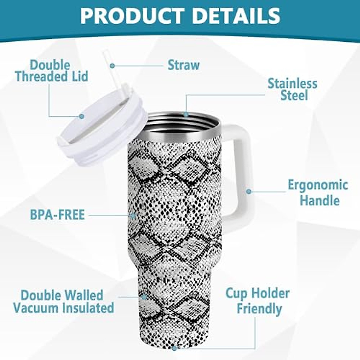 Joisal Black Snakeskin Texture Travel Tumbler Reusable Insulated Water Bottle with Handle Coffee Mug