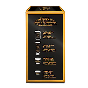 Shea Moisture African Black Soap Face Wash Regimen Kit - Shea Moisture Soap Bar for Face & Body, Clarifying Facial Wash & Scrub, Problem Skin Moisturizer and Facial Mask Bundle (4 Piece Set)