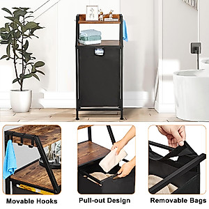 Timberer Laundry Hamper, Laundry Sorter, Rolling Laundry Basket with Wheels, 2 Shelves, 16.9 Gal(64L), Pull-Out and Removable Laundry Bags, for Laundry Room, Black and Rustic Brown