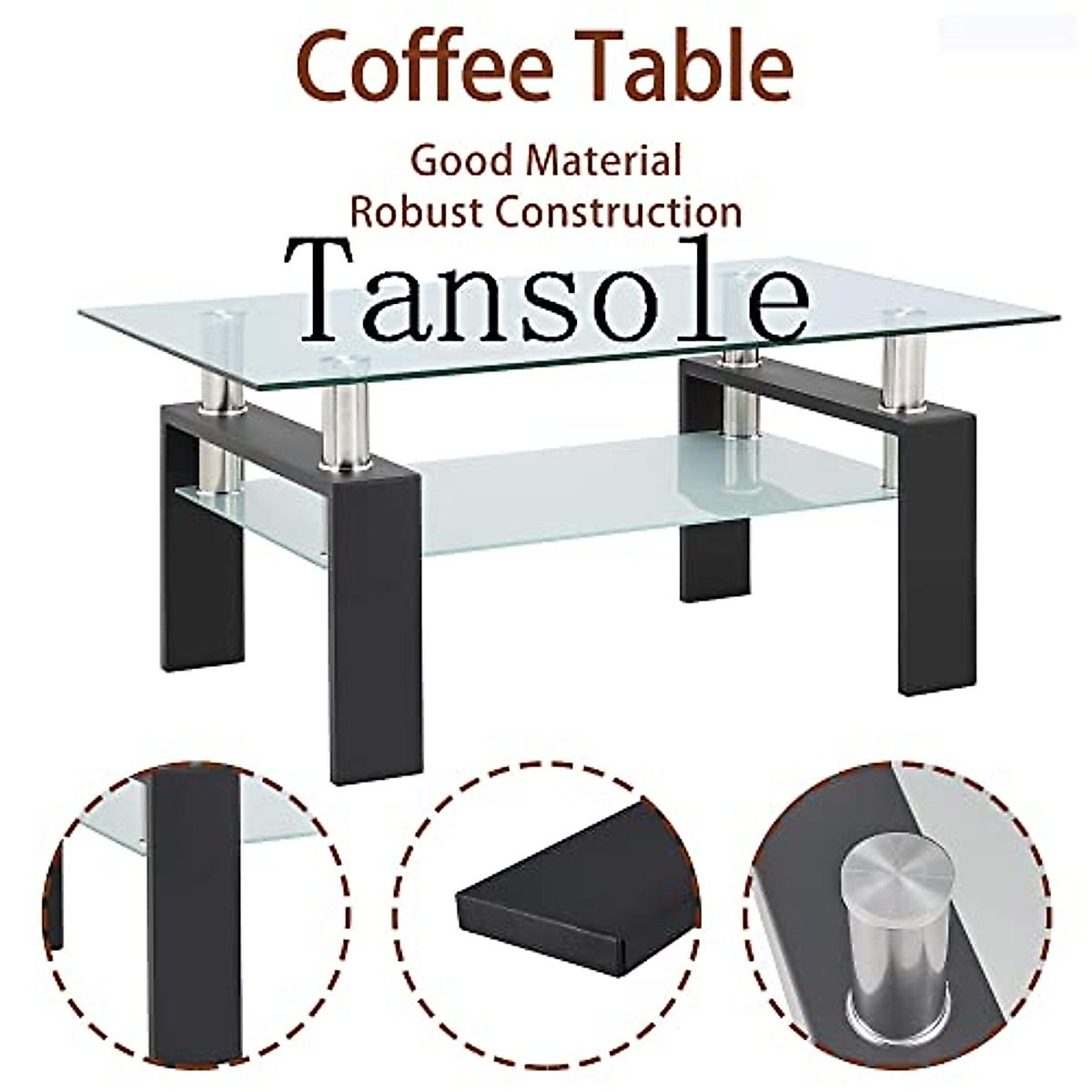 Rectangle Glass Coffee Table Metal Tube Legs End Table for Livingroom Tansole Black 39.4x23.7x17.7