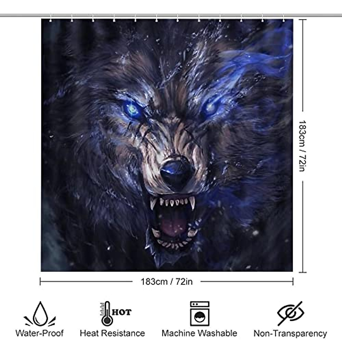EEncantoo Premium Quality 4 Piece Angry Wolf Art Shaggy Rugs + U-Shaped Bath Mats & Lid Cover Rubber Backing + Fast Dry Shower Stall Curtain - Home Bath Room Decor