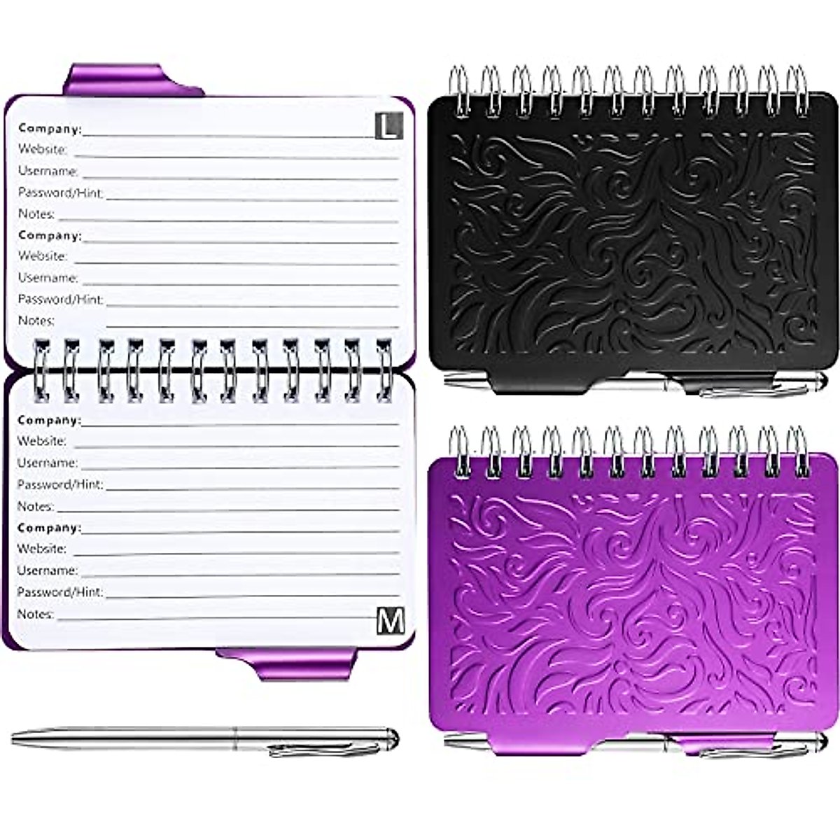 2 Pieces Portable Password Book Password Organizer Notebook Elegant Mandala Pattern Password Book Keeper with Pen, Spiral Bound Notebook for Password Information (Black, Purple)