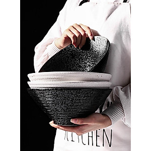 Kanwone Ceramic Japanese Ramen Bowl Set, Noodle Soup Bowls - 60 Ounce, with Matching Spoons and Chopsticks for Udon Soba Pho Asian Noodles, Set of 2, Black