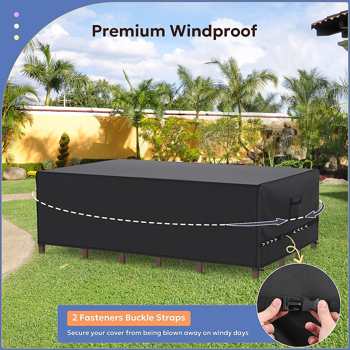 Patio Furniture Covers, Gorpche Outdoor Furniture Covers Waterproof, Tear-Resistant Patio Table and Chair Set Cover with Upgraded Fastener Windproof Buckle Straps, Heavy Duty, 90"L× 62"W×28"H, Black