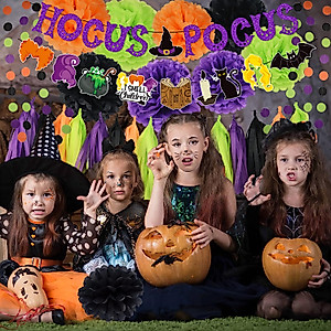 Halloween Party Decorations - Hocus Pocus Themed Trunk Or Treat Car Decorations Kit for SUV Hocus Pocus Spell Book Cat Witches Stisters Banner Orange Black Purple Green Tissue Paper Pom Pom