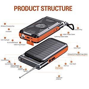 Solar Power Bank 36800mAh, Emergency FM Radio & Bluetooth Speaker, Built-in 2 Cables and Kickstand 15W Fast Charging LED Flashlight, USB C Input/Output Compatible with All Mobile Devices (Black)