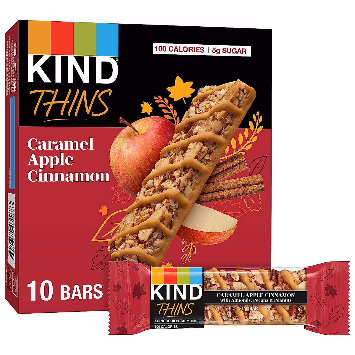 KIND THINS Caramel Apple Cinnamon with Almonds, Pecans, & Peanuts, Gluten Free, 100 Calorie, Healthy Snacks, 10 Bars (Pack of 1)