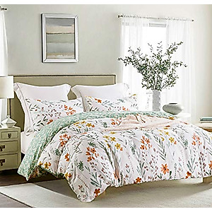 SLEEPBELLA Duvet Cover Queen, 600 Thread Count Cotton 3pcs Bedding Set Yellow Flowers and Green Branches Printed on White Reversible Comforter Cover