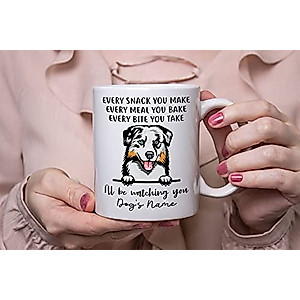 Personalized Blue Merle Australian Shepherd Coffee Mug, Every Snack You Make I'll Be Watching You, Customized Dog Mugs for Mom Dad, Gifts for Dog Lover, Mothers Day, Fathers Day, Birthday Presents