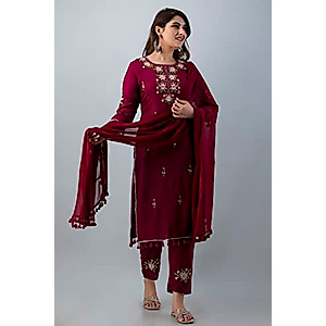 JG Women's Ethnic Wear Collection Rayon Straight Embridered Kurti & Pant Set With Dupatta Readymade Salwar Suit For Women Casual Wear(Maroon-X-Large Size)