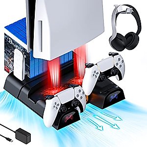 NexiGo PS5 Accessories Vertical Stand with Headset Holder and AC Adapter, for PS5 Disc & Digital Editions Dual Controllers Charger, 3 Levels Adjustable Fans Speed, 10 Game Rack Organizer, Black
