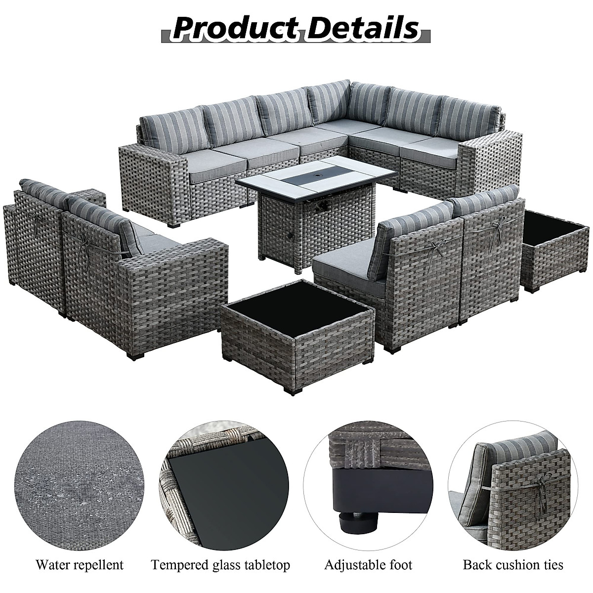 HOOOWOOO Outdoor Patio Sectional Furniture Sofa Set with Propane Fire Pit Table,13 Piece Large Modern Wicker Couch with Widened Armrest,Modular L Shaped Conversation Seating Set(Grey Strip)