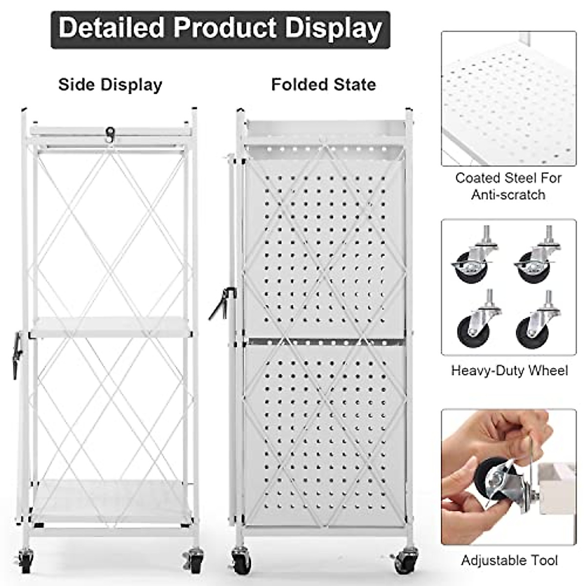nisboigr 3 Tier Storage Shelves,Folding Storage Shelf with Wheels,Heavy Duty Metal Shelf,Garage Storage Shelf,Metal Rack,White