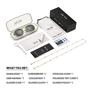 Veda Tinda Vision Vintage Small Round Polarized Sunglasses Classic Retro Circle Green Lens Sun Glasses For Women Men UV400 Protection With Sunglasses Chain C14S17