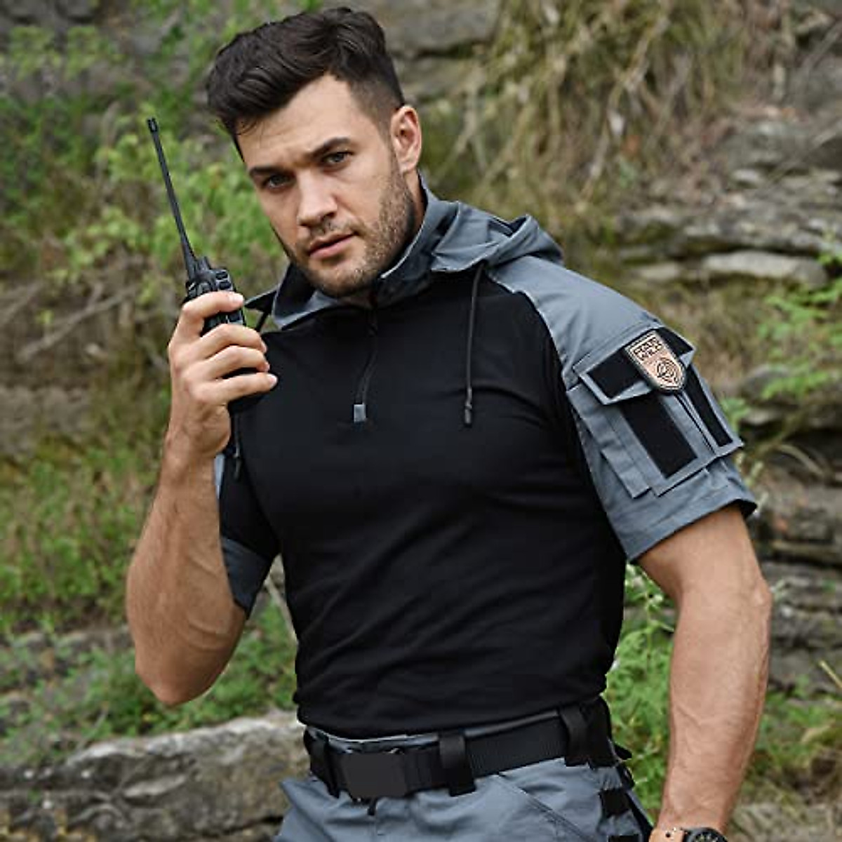 Men's Combat Shirts Tactical Short Sleeve Shirt Cargo Military Airsoft T-Shirt with Hood Gray