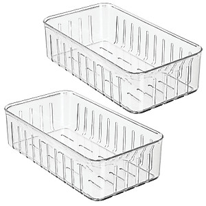 mDesign Plastic Food Container Cabinet Storage Organizer Shallow Bin w/ Open Vents for Kitchen, Pantry, Refrigerator Organization - Holds Fruit, Vegetables, Cheese - Ligne Collection - 2 Pack - Clear