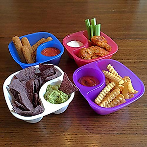 Rolling Sands Reusable Snack and Dip Bowls, 5 Pack, USA Made, Dishwasher and Microwave Safe Personal Size Plastic Divider Bowls, BPA-Free, Two Compartments to Hold Dips, Snacks and Treats
