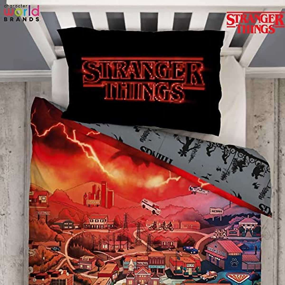 Stranger Things Character World Official Single Duvet Cover | Hawkins Town Map Design, Reversible Easy Care Bedding 2 Sided Duvet Quilt Set with Matching Pillow Case, Multicolour Print