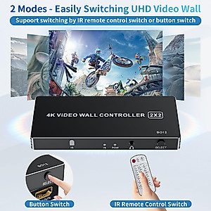 4K HDMI Video Wall Controller 2x2, LUKFOCAB Video Wall Processor with 8 Splicing Modes, 180° Rotate, 3.5mm Audio Extractor, IR Remote, 4 TV Screen into 1 Wall Display 2x2, 1x2, 1x3, 1x4, 2x1, 3x1, 4x1