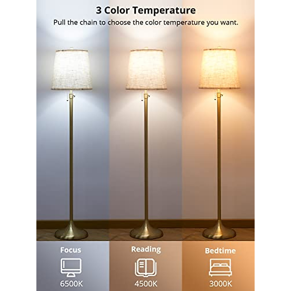 Meisoda Gold Floor Lamp, 9W 3 CCT Dimmable Standing Lamp with 2 Linen Lamp Shades and Pull Chain for Living Room, Bedroom, Office, 58" to 65" Adjustable Height, Modern Brushed Bronze Design