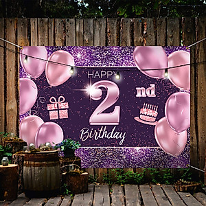 PAKBOOM Happy 2nd Birthday Banner Backdrop - 2 Birthday Party Decoration Supplies for Girls - Pink Purple Gold 4 x 6ft