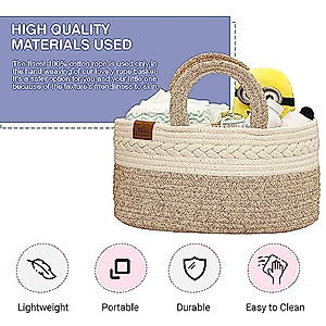 Mojoohouse Baby Diaper Caddy, Nursery Storage Bin and Car Organizer for Diapers and Baby Wipes, Cotton Rope Diaper Basket Caddy, Changing Table Diaper Storage Caddy Baby Gift Baskets, (WHITE-BROWN)