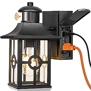 Outdoor Motion Sensor Porch Light with 2 GFCI Outlets, Dusk to Dawn Wall Light with 3 Lighting Modes for House, Waterproof Aluminum&Anti-Rust Exterior Light Fixture for Balcony/Garage