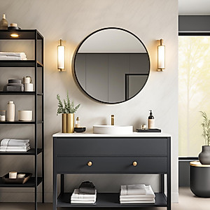 USHOWER Black Round Mirror for Over Sink 24-inch, Circle Bathroom Mirror, Metal Frame Vanity Mirror, Modern Wall Mirror for Entryway Living Room