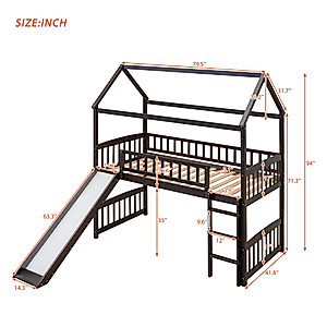 Harper & Bright Designs Twin Loft Bed with Slide, Solid Wood House Loft Bed with Ladder, Playhouse Bed for Kids Girls Boys (Espresso)