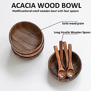 muso wood 3.9" Acacia Wood Bowl, Small Wooden Sauce Bowl for Party, Serving Bowls for Nuts, Salad, Appetizer, Condiments, Snacks (FREE 4 Wood Spoons, Set of 4)