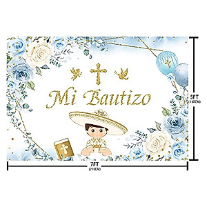 AIBIIN 7x5ft Mi Bautizo Backdrop Boy Baptism Christening Party Decorations Supplies Blue Floral Balloon Gold Cross Angel Photography Background First Holy Communion Mi Primera Banner Photo Shoot Props