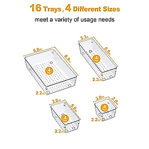 SMARTAKE 16-Piece Drawer Organizers, 4 Sizes Desk Dividers with Non-Slip Pads, Plastic Dresser Storage Tray Sets, Cosmetic Makeup Jewelries Trays, for Kitchen, Office, Home, Bathroom (Clear)