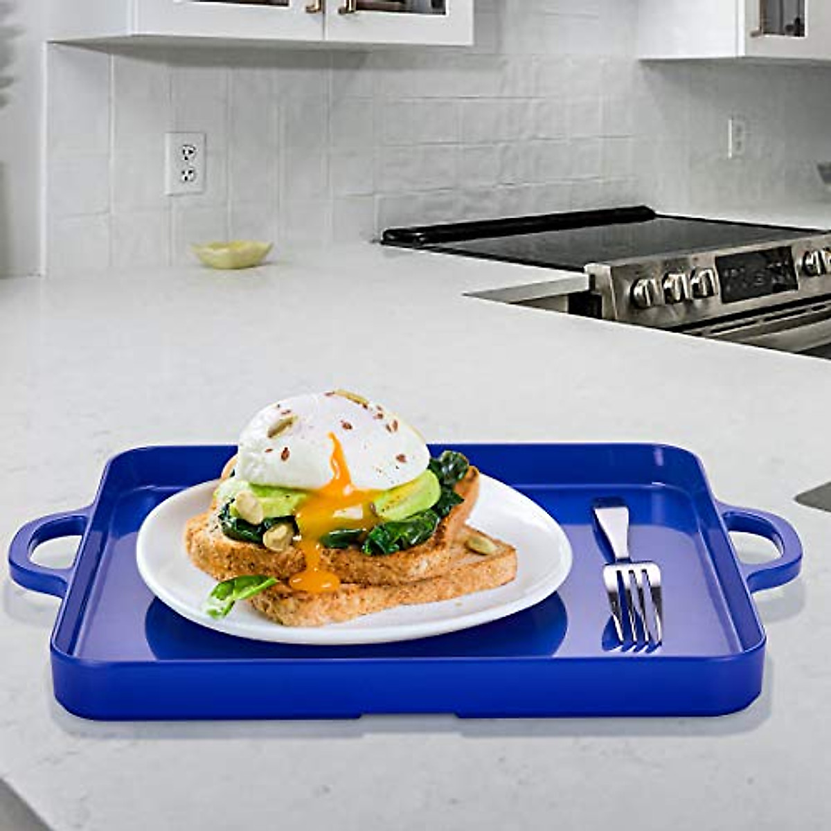 i BKGOO Foodservice Royal Blue Plastic Tray with Handle Set of 2 Large Melamine Cube Serving Platters for Parties, Table, Kitchen Size(12.5"x12.5"x1")