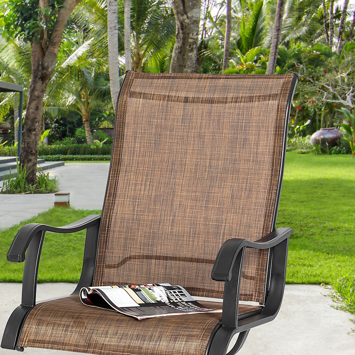 NUU GARDEN Patio Dining Chairs, Swivel Patio Sling Chairs Set of 2, All-Weather Textilene Outdoor Swivel Rocker Dining Chairs with Metal Frame for Lawn Garden Backyard, Brown