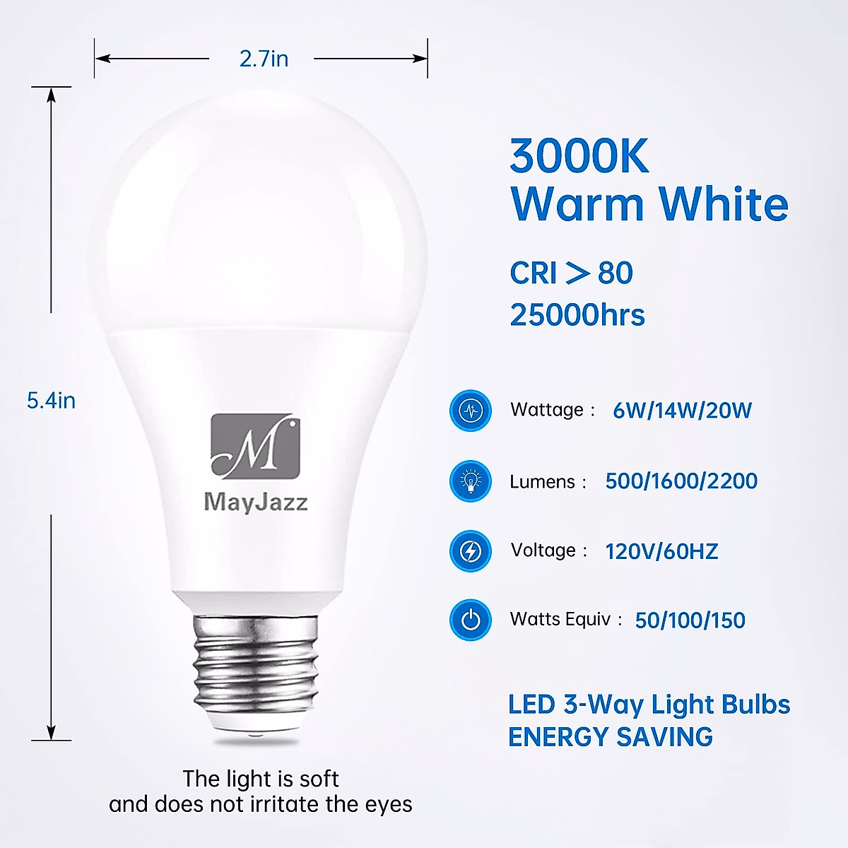 M MayJazz 3 Way LED Light Bulbs 50 100 150 Watt Equivalent,A21 3000K Soft White,6-14-20W,E26 Medium Base,2 Pack