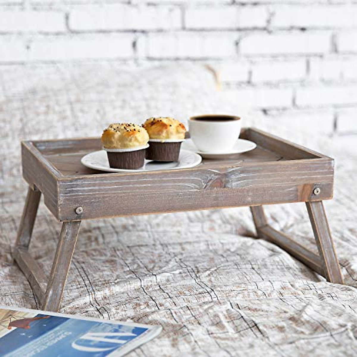 MyGift Vintage Graywashed Wood Bed Tray with Folding Legs - Foldable Breakfast Table Laptop Desk Kitchen Serving Tray
