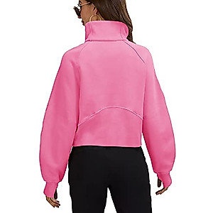 Womens Sweatshirts Half Zipper Crop Pullover Funnel Neck Fleece Lined Zip Up Long Sleeve Tops Thumb Hole Pink